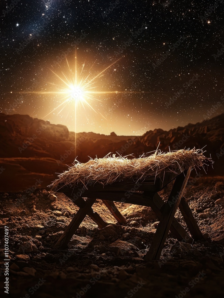 A majestic star shines brightly in the night sky over Bethlehem above a ...