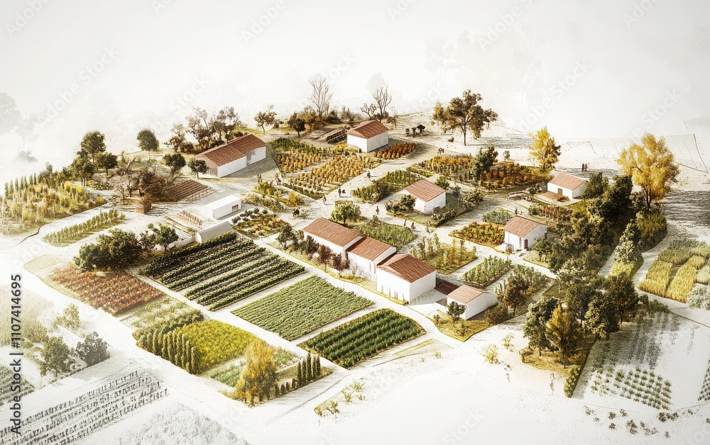 An architectural rendering concept art of an organic farm, complete ...