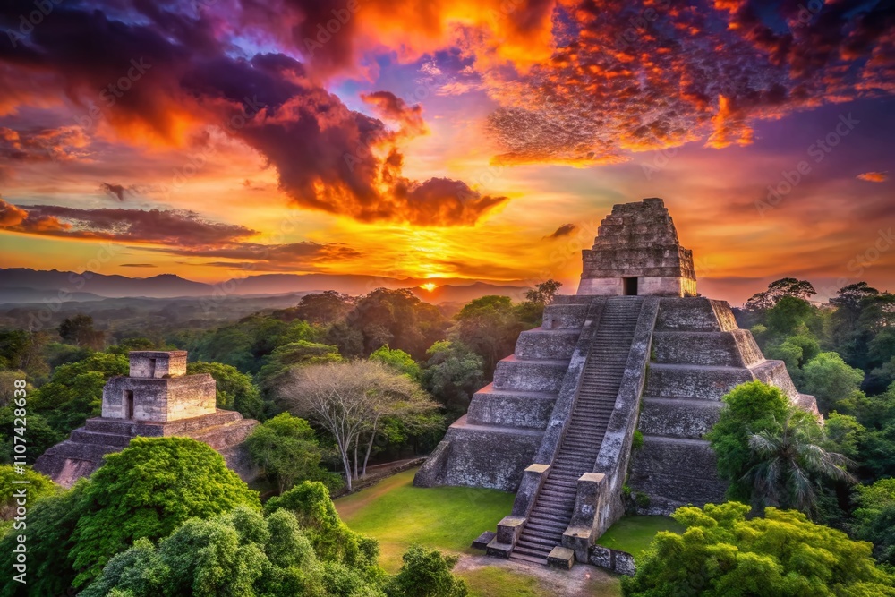 Breathtaking sunset casts a warm glow on the ancient Mayan pyramid ...