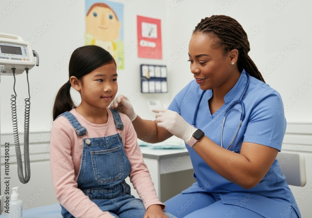 Doctor examining a little girl in a medical office, performing a check ...