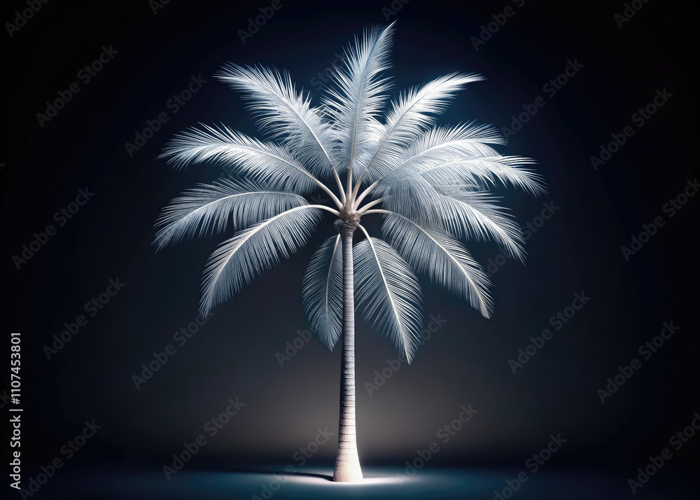Elegant palm tree silhouette on a dark backdrop, featuring a crisp white outline perfect for ...