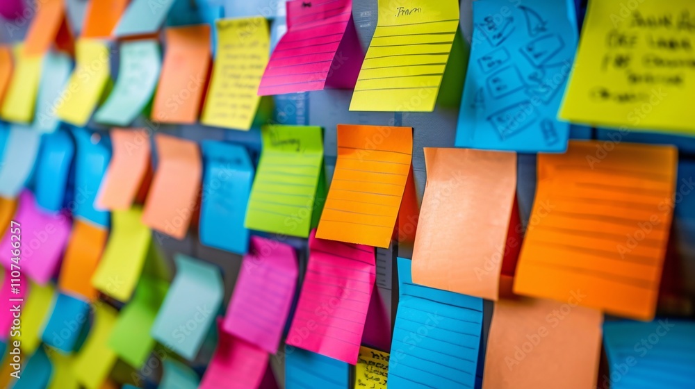Colorful sticky notes arranged on a bulletin board representing ...