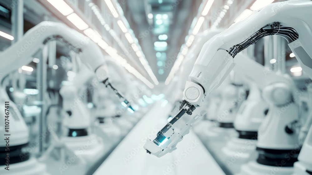 Row of White Robotic Arms at Automated Production Line at Bright Modern Factory. Industrial ...