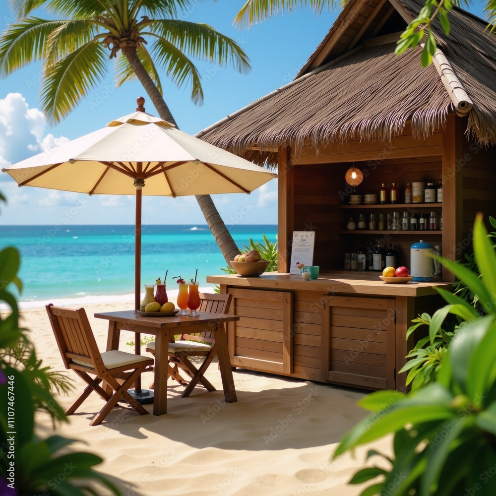 Cartoon image of tropical beachfront caf featuring fruity cocktails serving as a colorful wooden ...