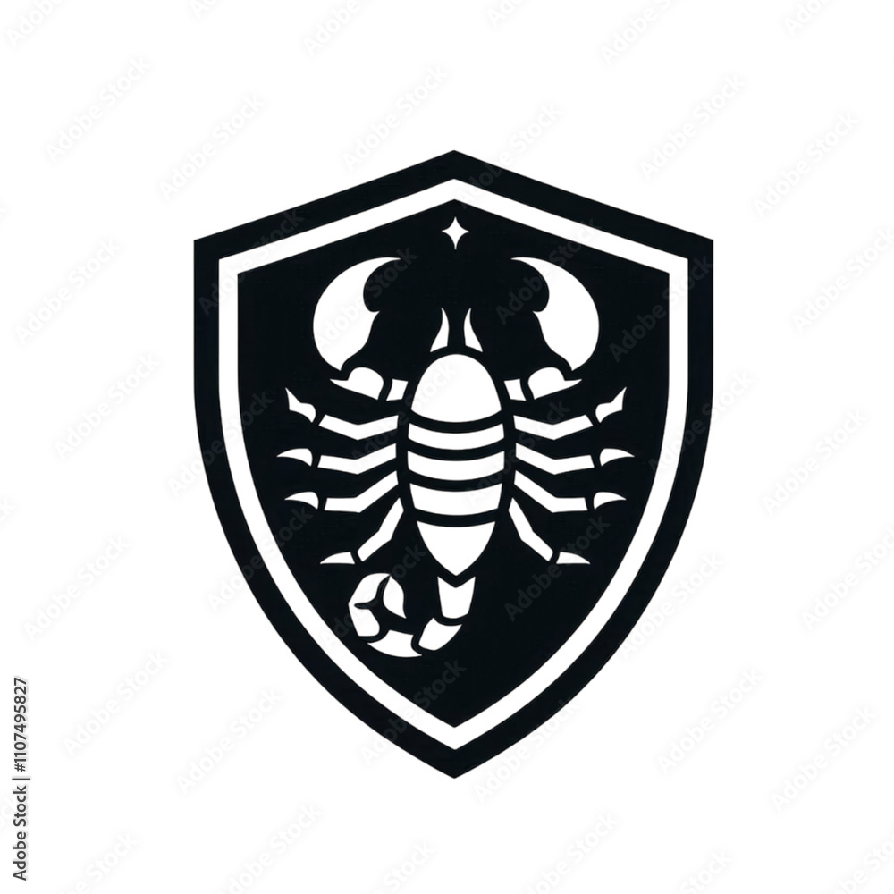 Simple and minimalistic scorpion logo inside a shield, in black and ...