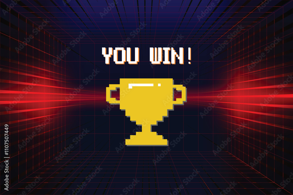 8-bit pixel art with text "You Win" and a big golden cup on dark red ...