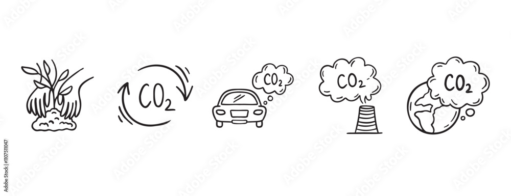 Carbon dioxide CO2 earth air pollution doodle hand drawn icon. Outline ...