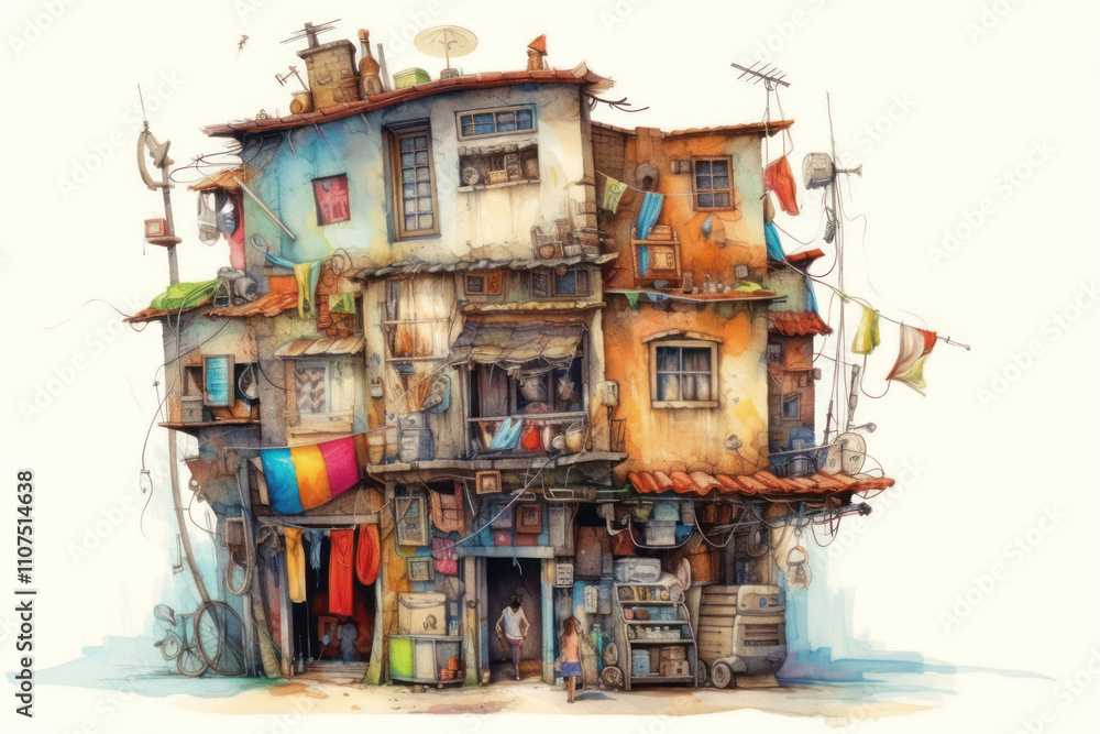 A vibrant and detailed watercolor illustration of an old apartment ...