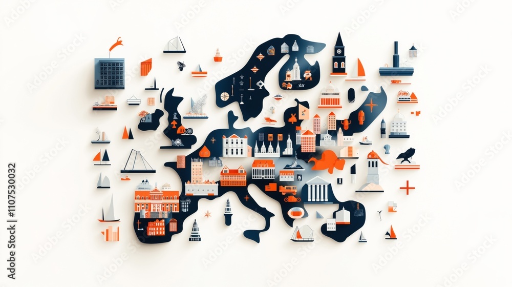 Ilustracja bez tantiem: Illustrated map of Europe featuring abstract ...