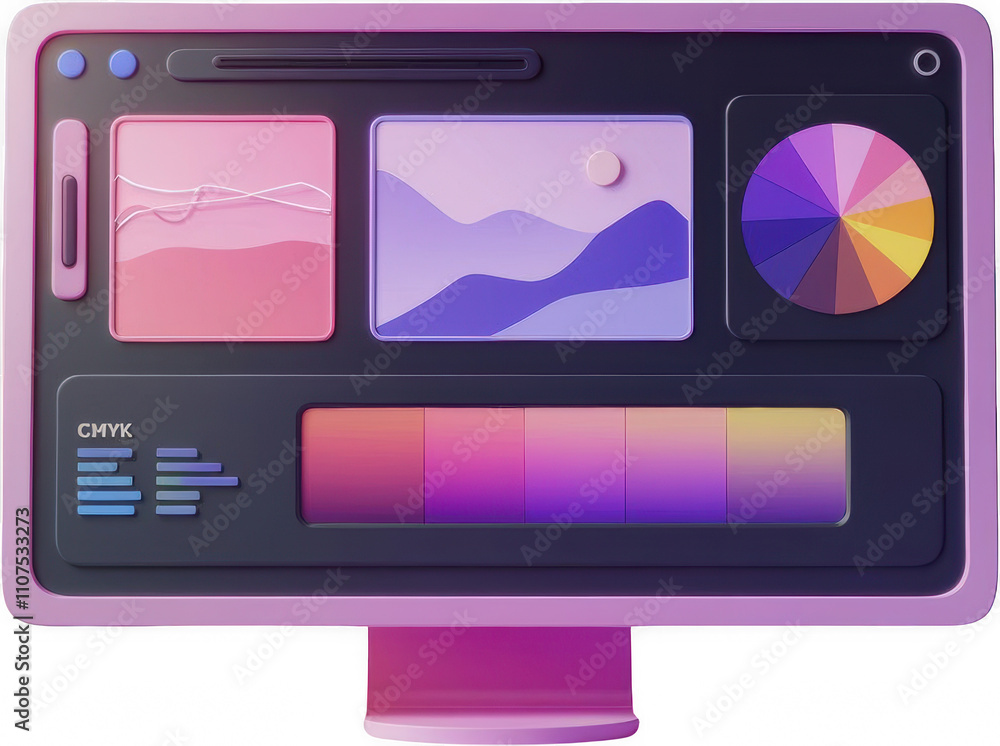 3D Render Pink Computer Screen Showing Color Palette Charts Graphs ...