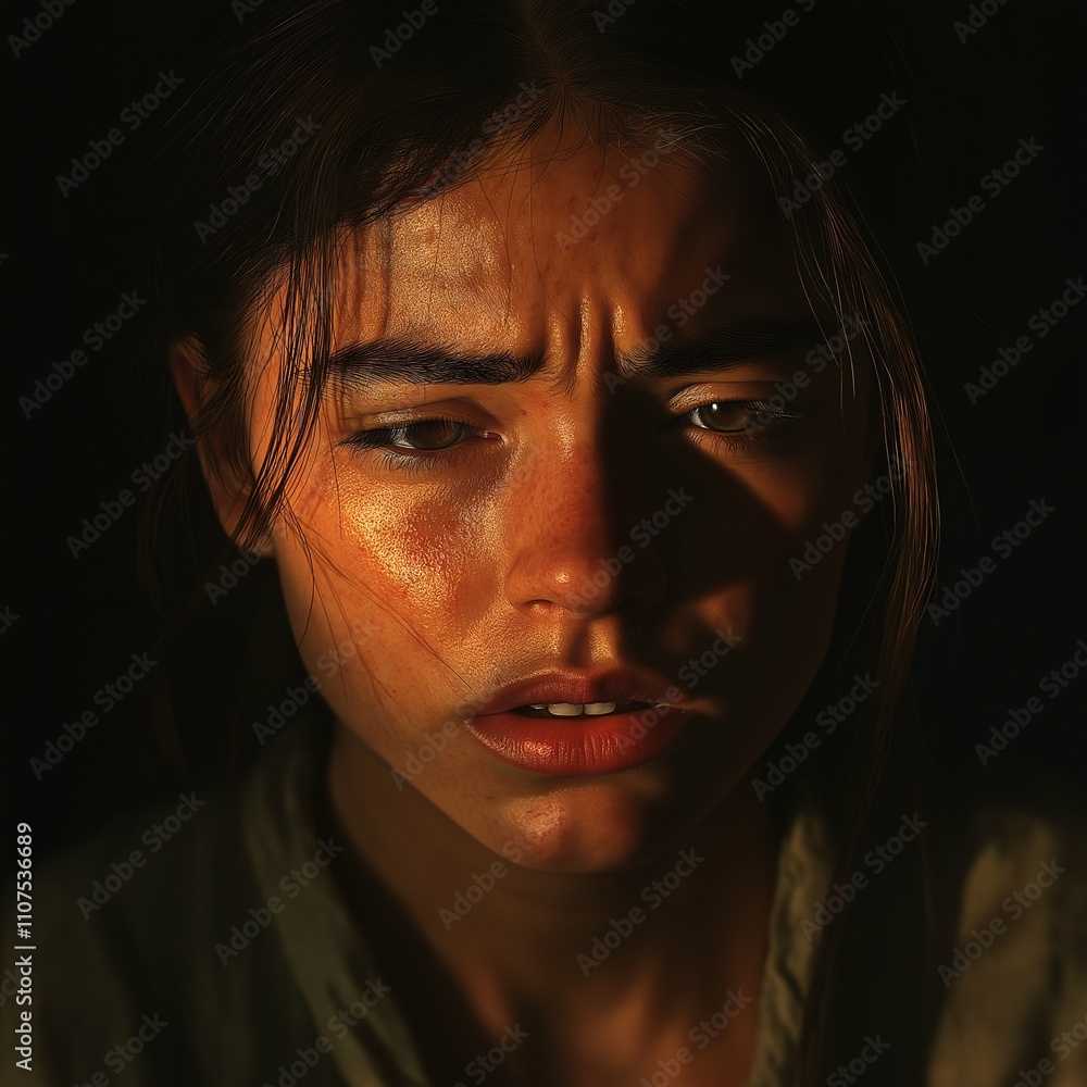 Worry and Fear: Close-up portrait of a young woman's anxious face ...