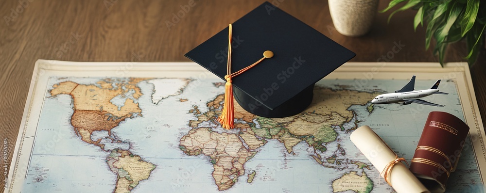 Graduation cap, diploma, airplane model and world map inspiring study ...