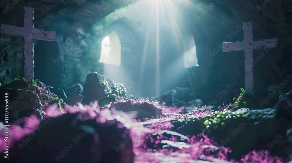 The Resurrection of Jesus Christ depicted with an empty tomb, focusing on the shroud and ...