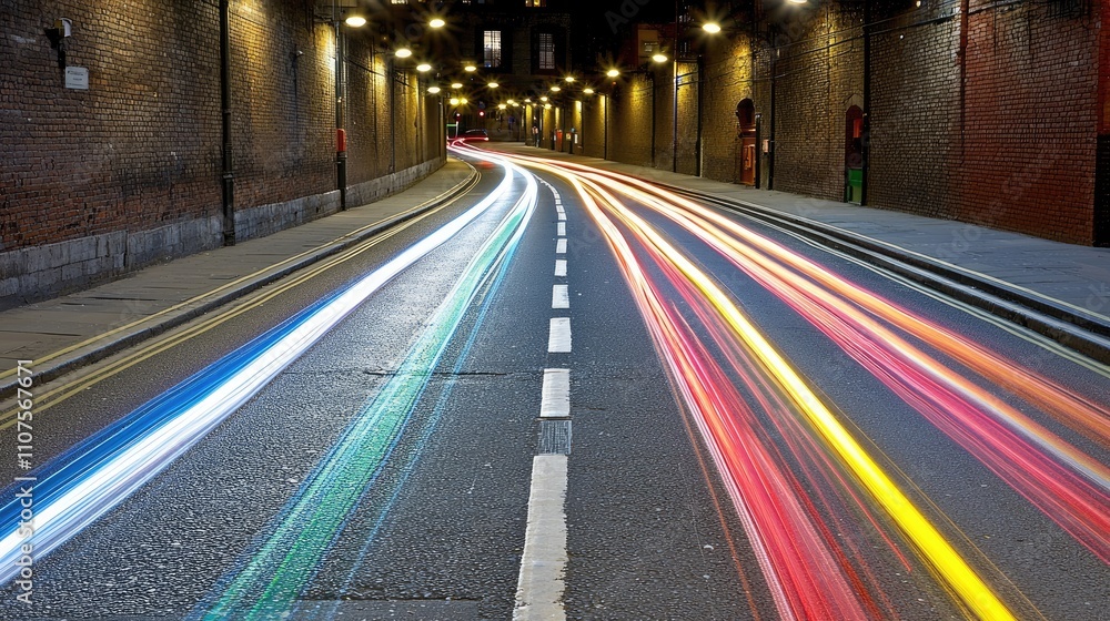 Dynamic light trails urban street photography nighttime low angle ...