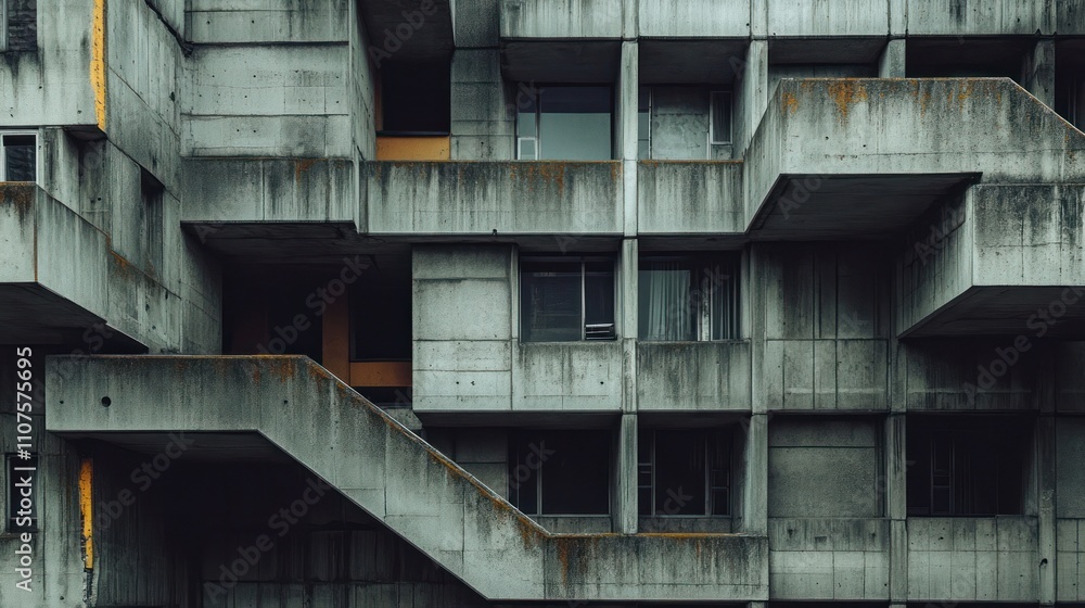 Abandoned brutalist buildings, with decaying concrete structures that ...