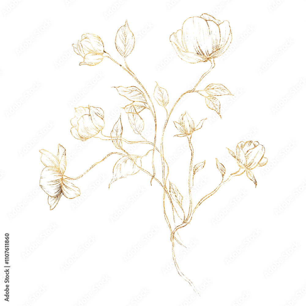 Golden flowers, Line art, Bouquet of flowers, can be used as greeting ...