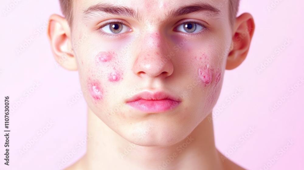 Acne Treatment. A close-up portrait of a young man with skin conditions ...