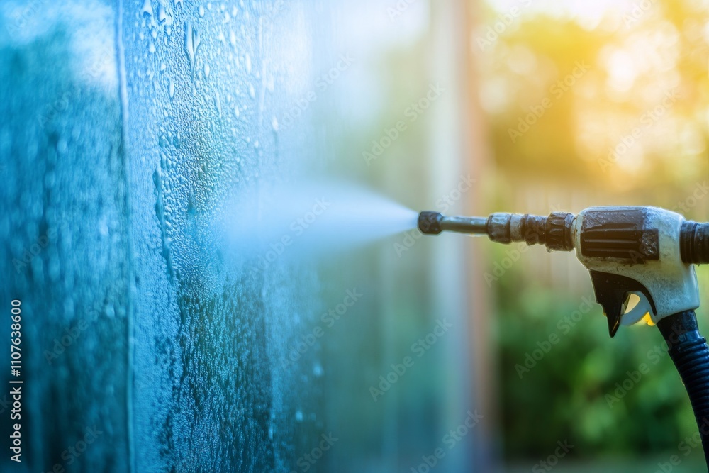 The cleaning service is using pressure water to wash the building ...