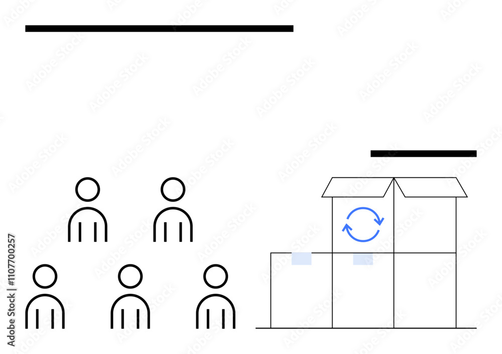 Five stick-figure people, three cardboard boxes with a recycling symbol ...