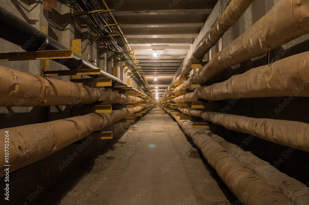 Underground concrete utility tunnel with pipes and wires lit by ...