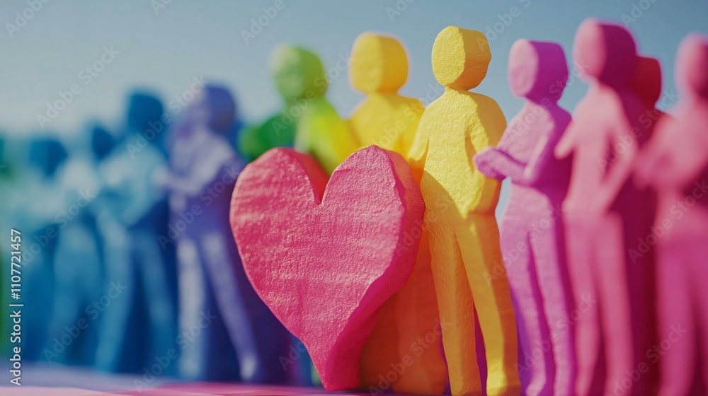 Colorful rainbow people holding big red heart promoting love and ...