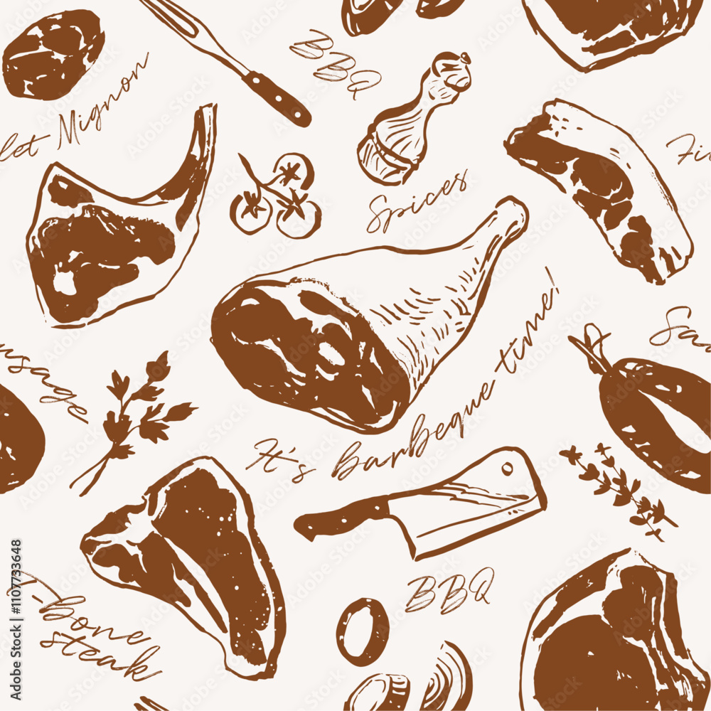 Seamless pattern with silhouette drawings of meat cuts, wrapping paper ...