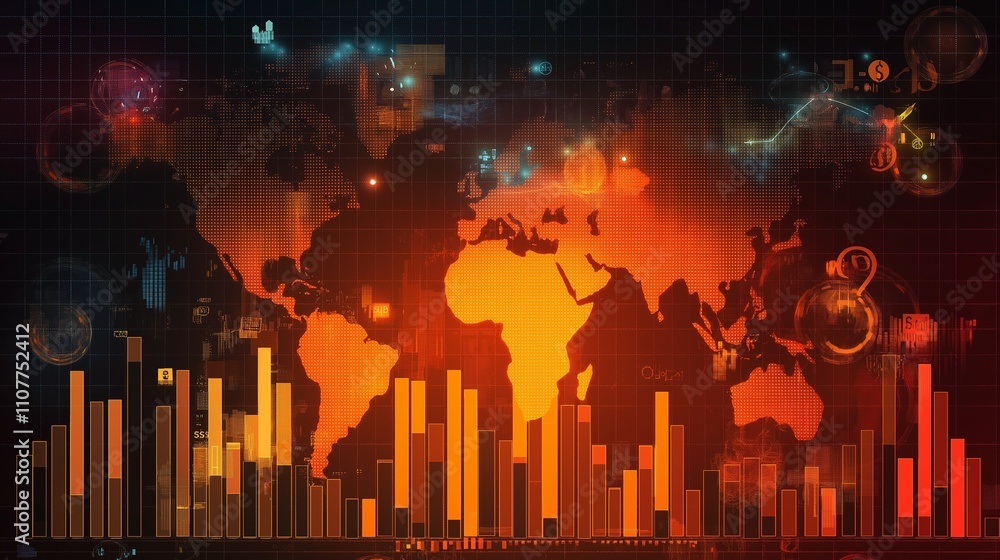 abstract digital world map with rising bar charts, arrows, and currency ...