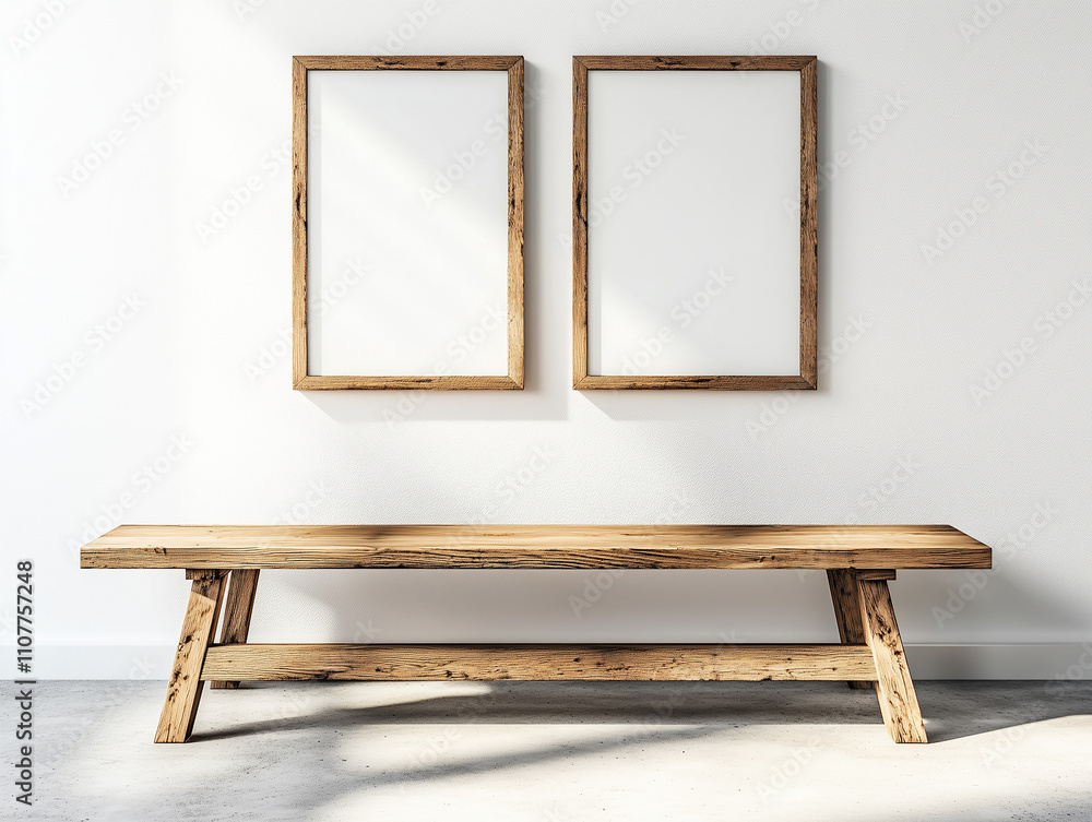Wooden rustic bench near white wall with two frames. Farmhouse, country ...