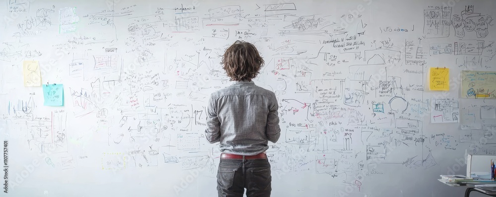 Person analyzing complex equations on a large whiteboard, standing with ...