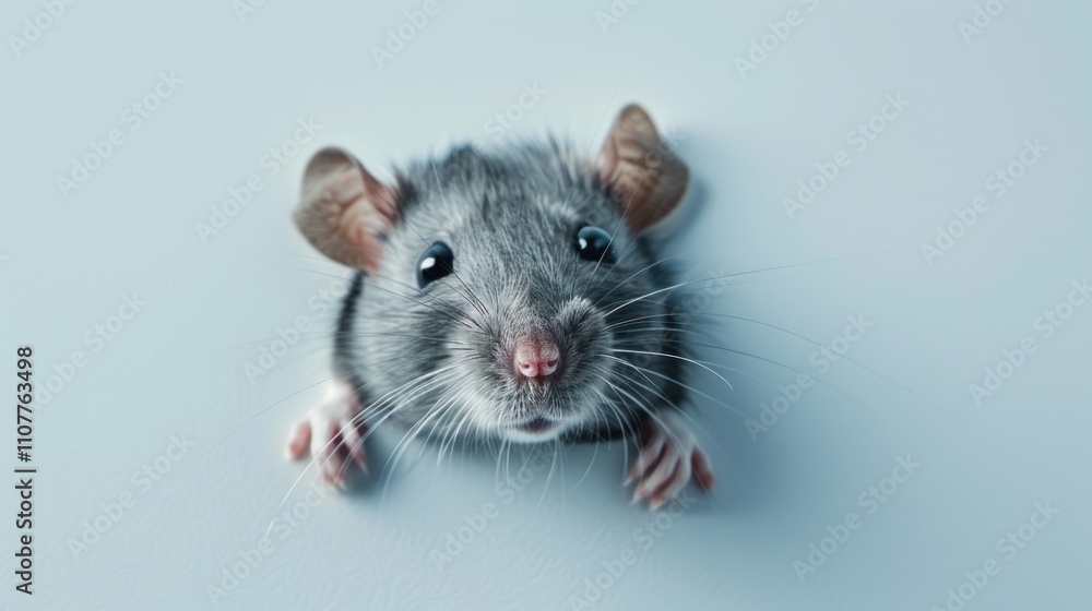 photograph of A realistic photo of a rat peering out from a hole on a ...