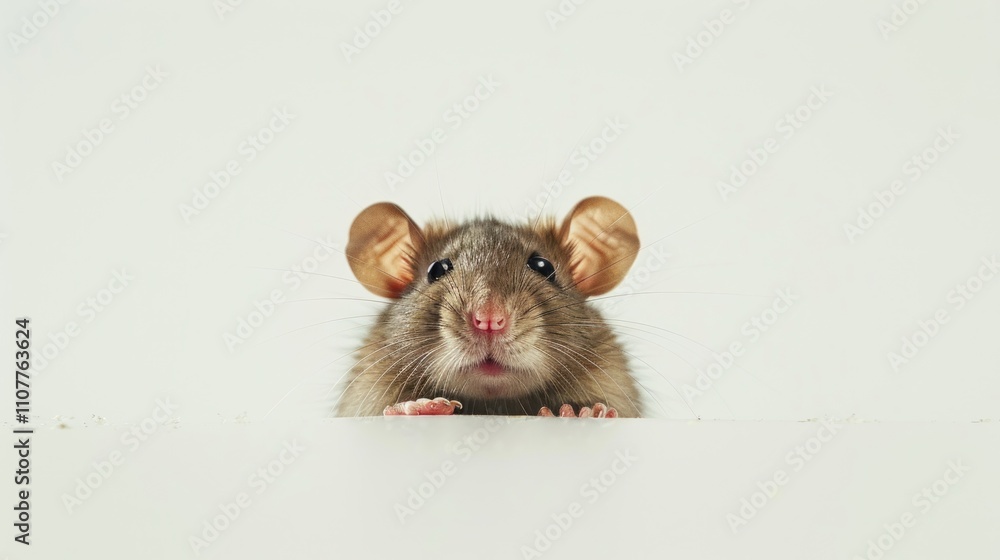 photograph of A realistic photo of a rat peering out from a hole on a ...