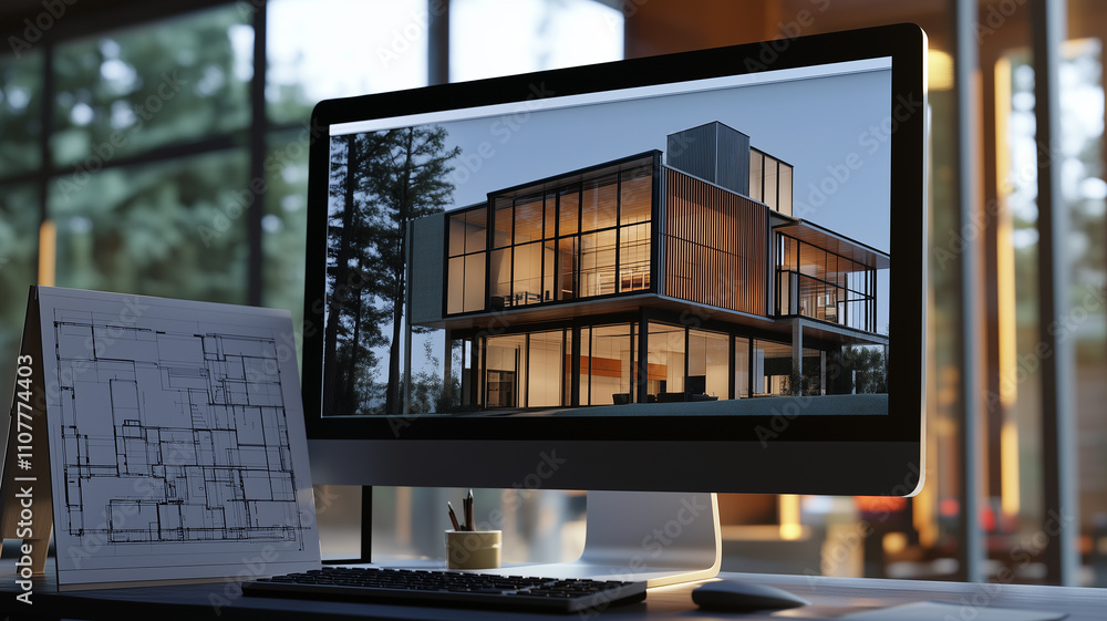 A professional workspace with a desktop computer showing a fully ...