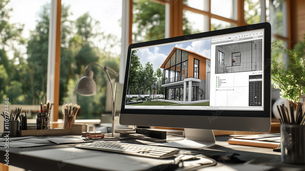 Ilustración de Stock A professional workspace with a desktop computer ...