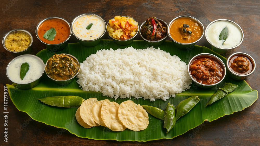 A traditional South Indian meal spread on a large banana leaf ...
