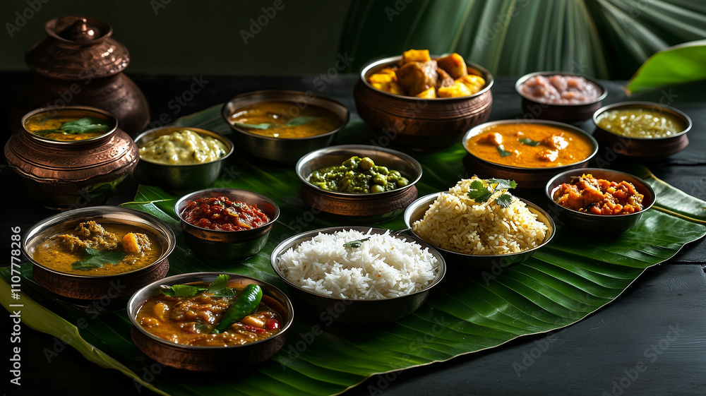 A traditional South Indian meal spread on a large banana leaf ...