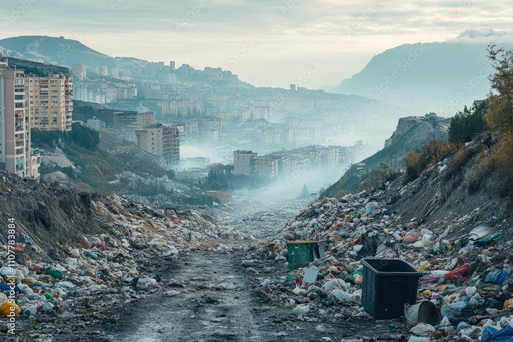 Plastic pollution overflowing in a garbage dump near a residential area ...