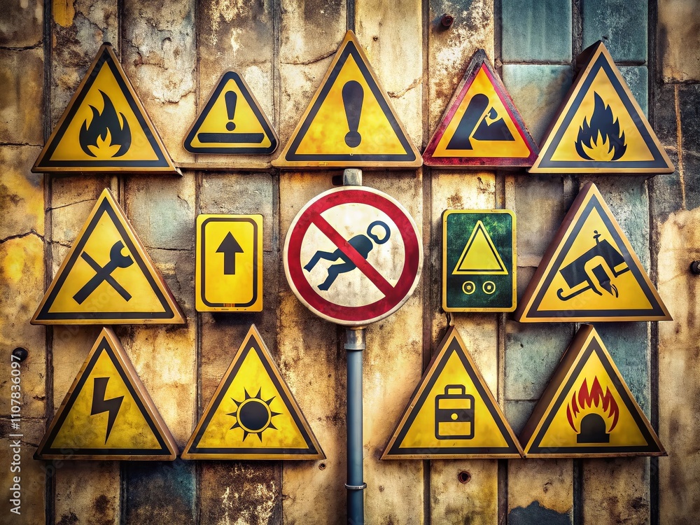 Vintage Style Photography of Caution Alarm Signs Featuring Danger and ...