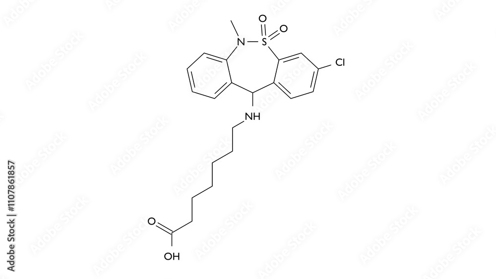 tianeptine molecule, structural chemical formula, ball-and-stick model ...