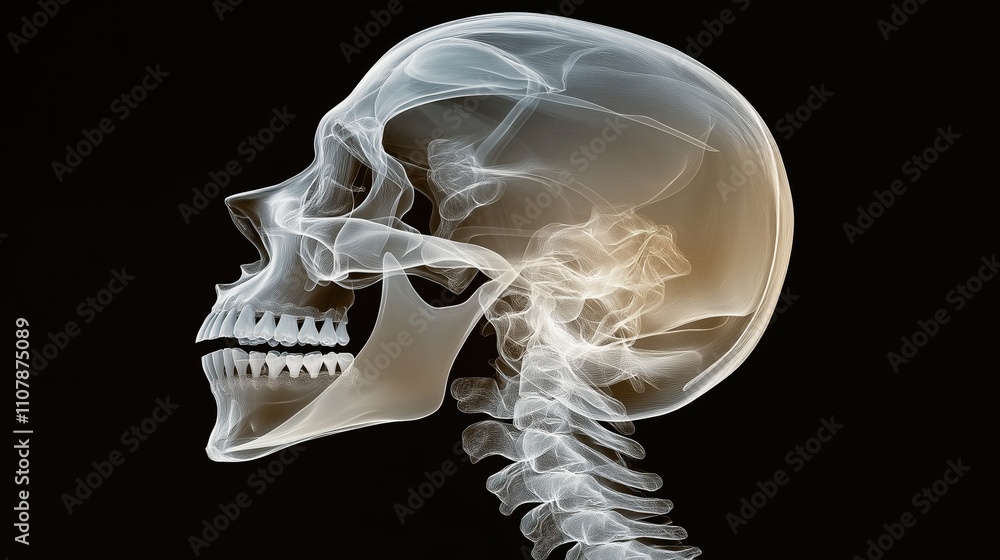 Side view of a translucent human skull with spine on a dark background ...