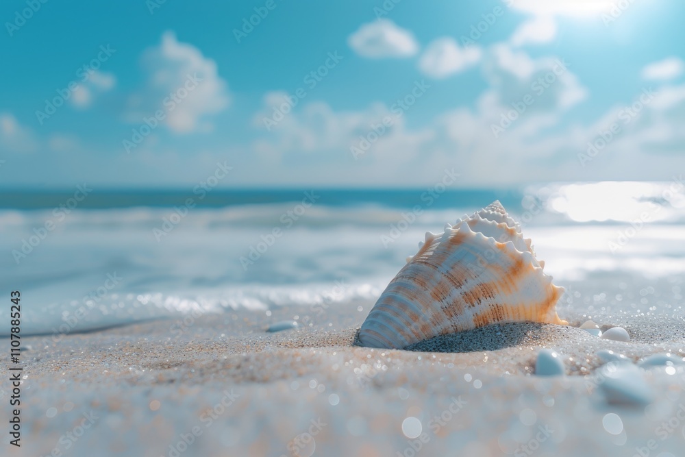 A shell lies on a sandy beach with the vast ocean behind it, perfect ...