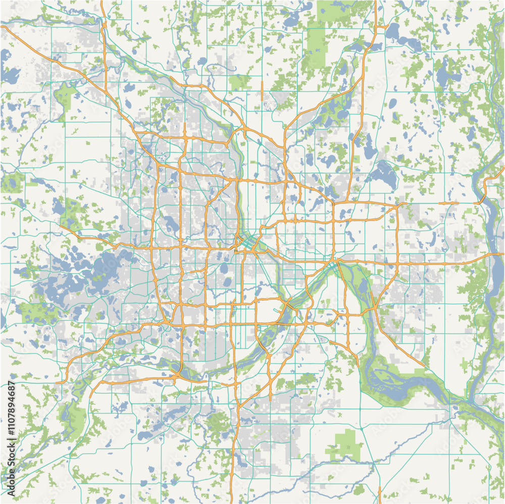 Map of Twin cities in Minnesota in a normal road map style. Contains layered vector with roads ...