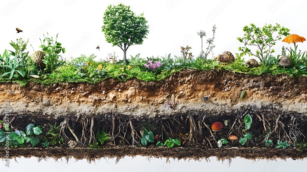 Cross-section of soil layers showcasing diverse plant life and ...