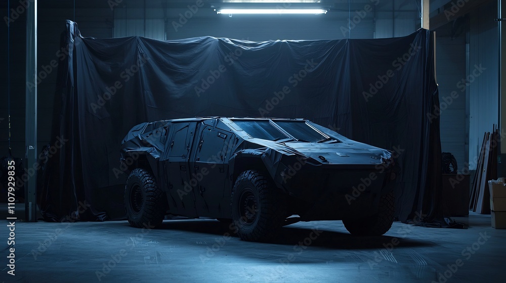 Bulletproof Armored Car Concealed Beneath Matte Black Fabric in a ...