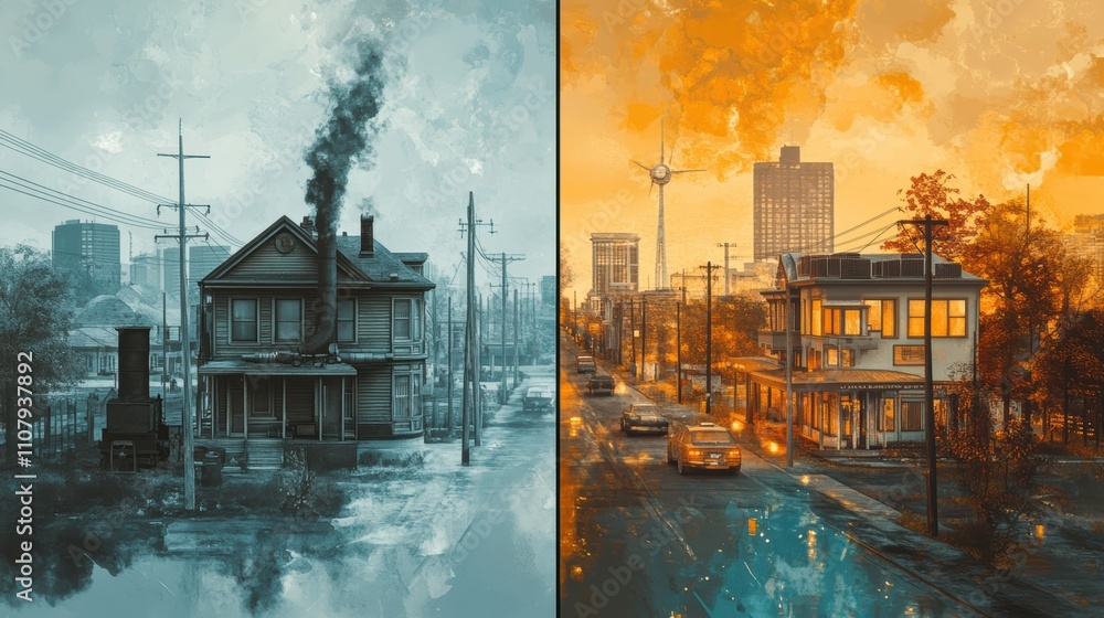 illustration contrasting two eras of the energy grid. The left half ...
