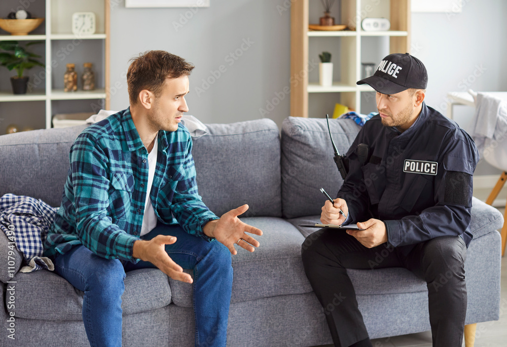 Policeman interrogating at home, officer police man in uniform, witness ...