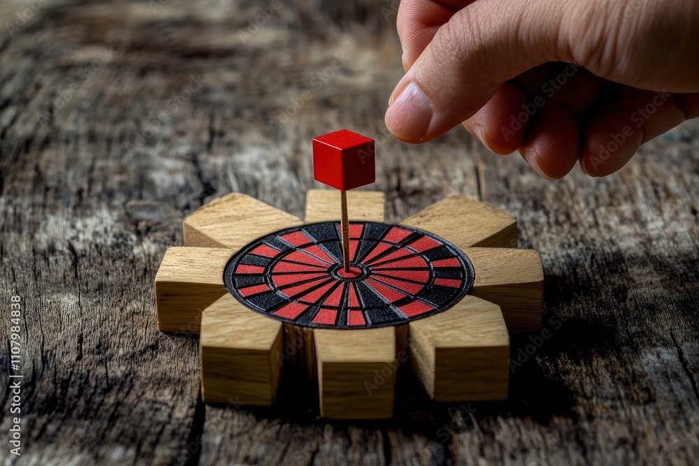 Arrow leading point to target icon on wooden blocks with businessman ...