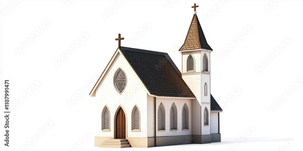 Small town church building isolated on white background. Traditional ...