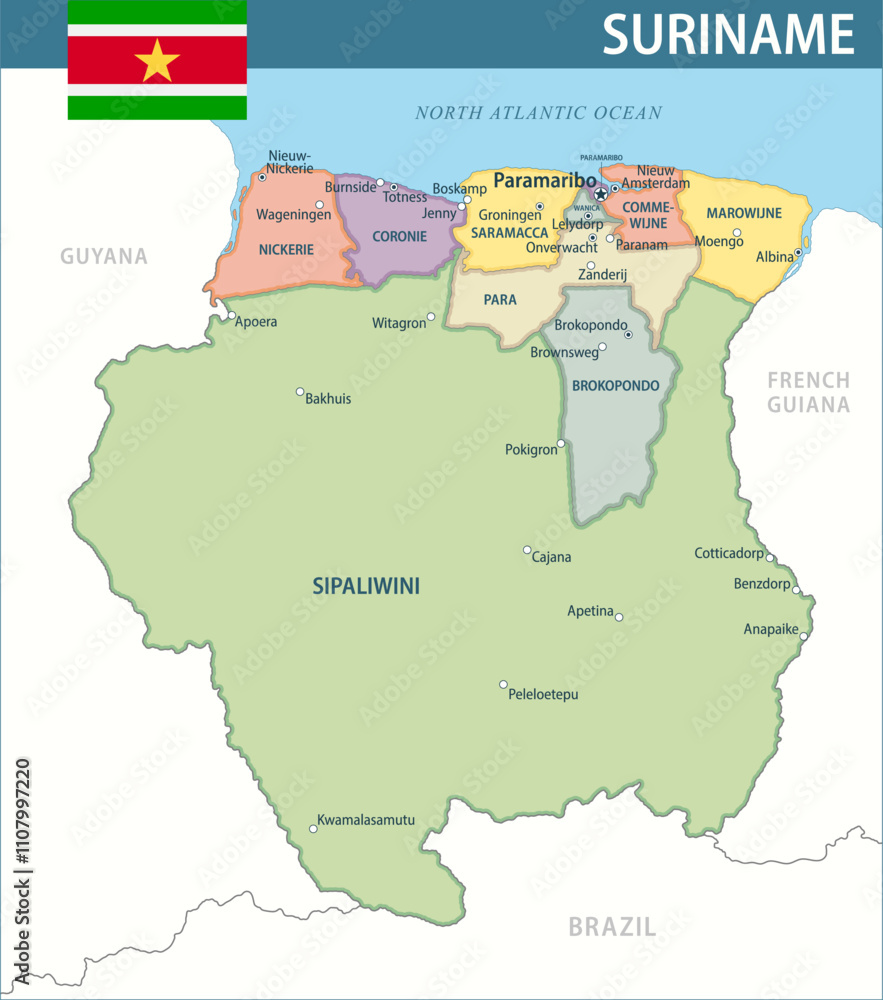 Suriname Map Vector New 2024 Colorful - Customizable layered political ...