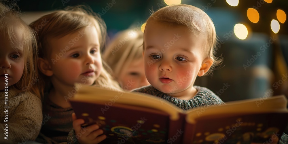 Toddlers, infants in preschool, kindergarten gather around book. Close ...