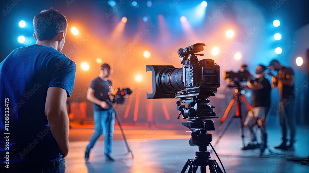 A professional filming setup with cameras and crew under vibrant stage ...